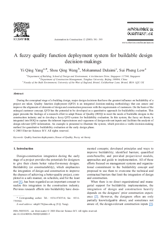 Pdf A Fuzzy Quality Function Deployment System For Buildable Design 0952