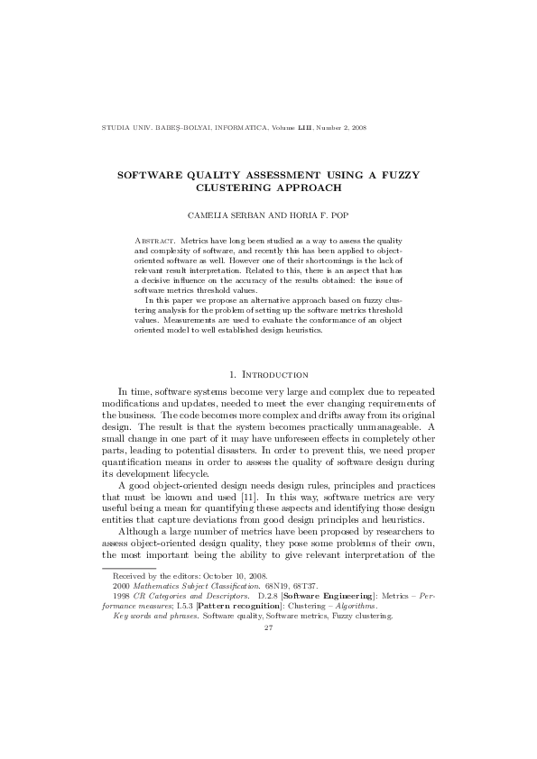 (PDF) SOFTWARE QUALITY ASSESSMENT USING A FUZZY CLUSTERING APPROACH