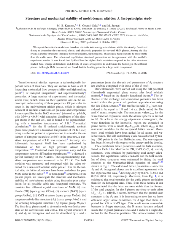 (PDF) Structure and mechanical stability of molybdenum nitrides: A first-principles study