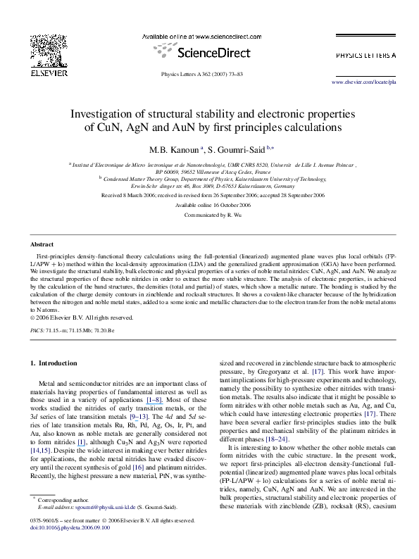 (PDF) Investigation of structural stability and electronic properties of CuN, AgN and AuN by ...