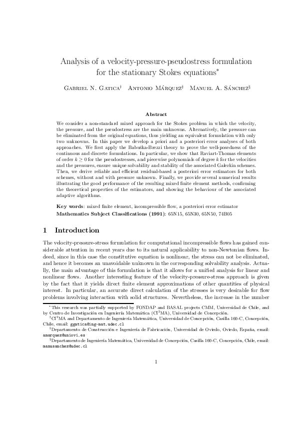 (PDF) Analysis of a velocity-pressure-pseudostress formulation for the stationary Stokes equations