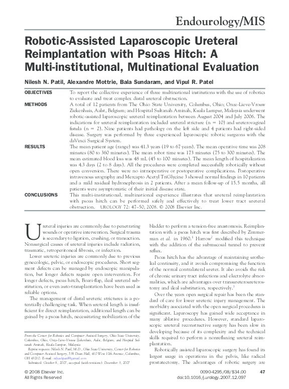 (PDF) Robotic-Assisted Laparoscopic Ureteral Reimplantation with Psoas ...
