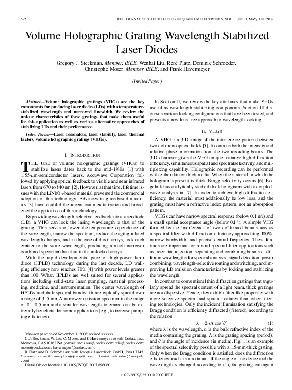 (PDF) Volume Holographic Grating Wavelength Stabilized Laser Diodes