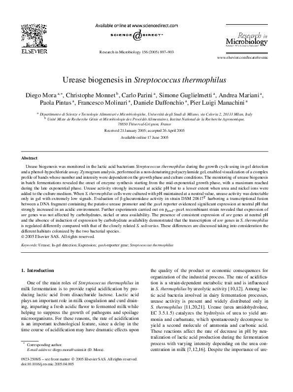 (PDF) Urease biogenesis in Streptococcus thermophilus