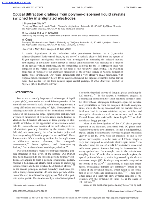 (PDF) Optical diffraction gratings from polymer-dispersed liquid crystals switched by ...