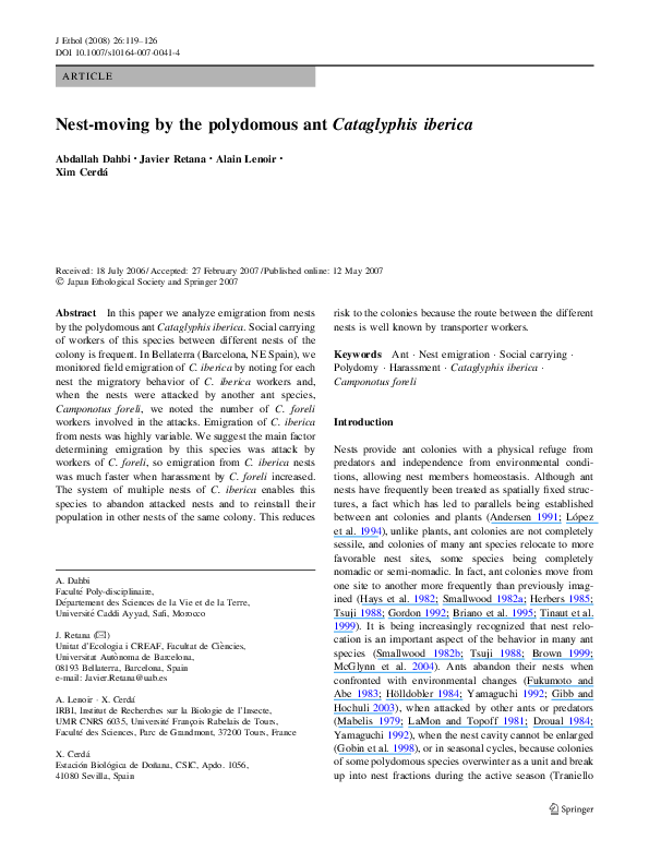 (PDF) Nest-moving by the polydomous ant Cataglyphis iberica