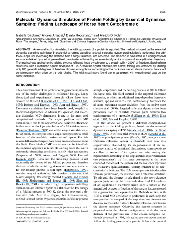 Pdf Molecular Dynamics Simulation Of Protein Folding By Essential Dynamics Sampling Folding