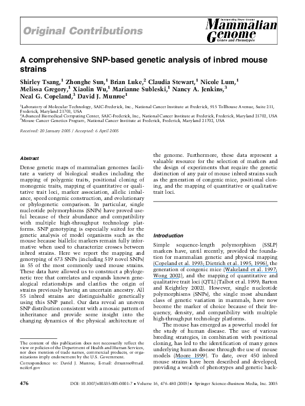 (PDF) A comprehensive SNP-based genetic analysis of inbred mouse strains