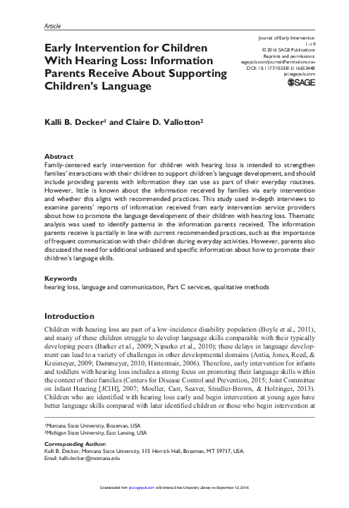 (PDF) Early Intervention for Children With Hearing Loss: Information ...