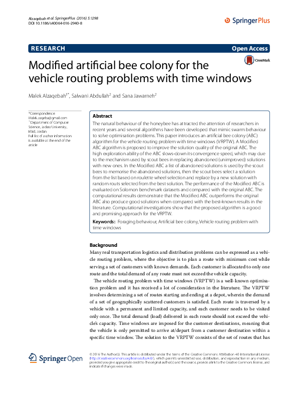 (PDF) Modified artificial bee colony for the vehicle routing problems with time windows