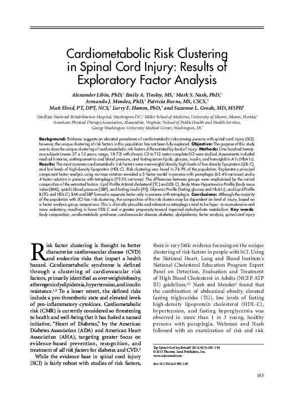 (PDF) Cardiometabolic Risk Clustering in Spinal Cord Injury: Results of Exploratory Factor Analysis