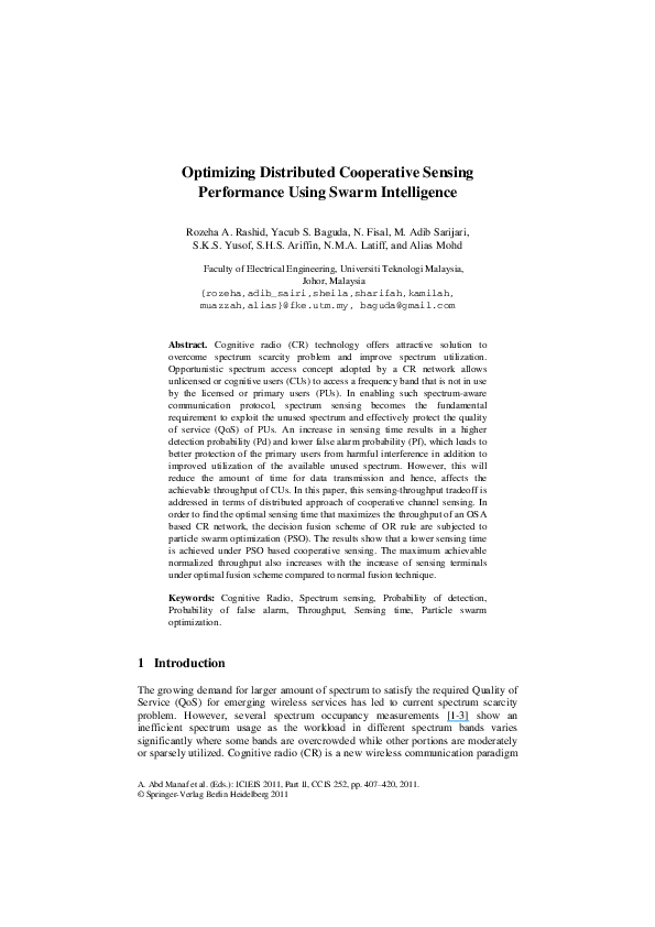 Pdf Optimizing Achievable Throughput For Cognitive Radio Network Using Swarm Intelligence