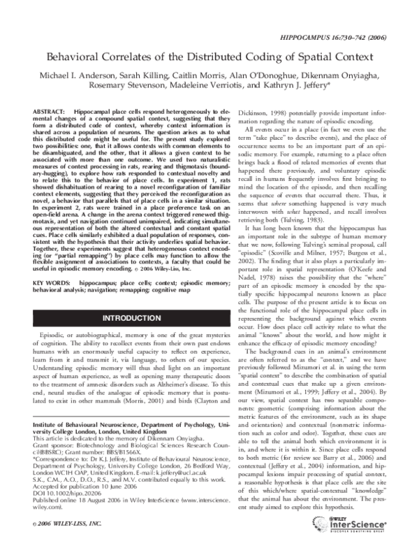 (PDF) Behavioral correlates of the distributed coding of spatial context