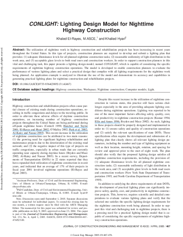 (PDF) CONLIGHT: Lighting Design Model for Nighttime Highway Construction