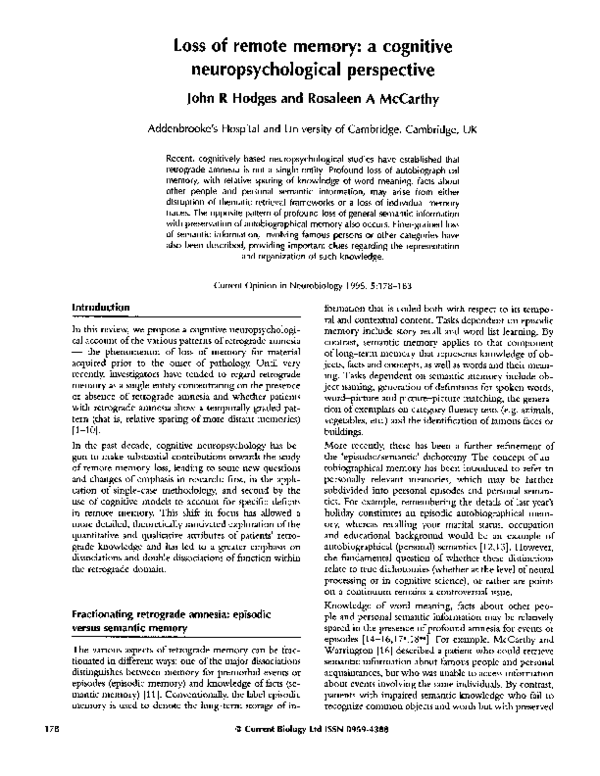 (PDF) Loss of remote memory: a cognitive neuropsychological perspective