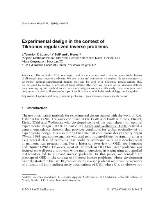 Pdf Experimental Design In The Context Of Tikhonov Regularized Inverse Problems