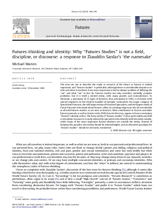 (PDF) Futures-thinking and identity: Why “Futures Studies” is not a ...