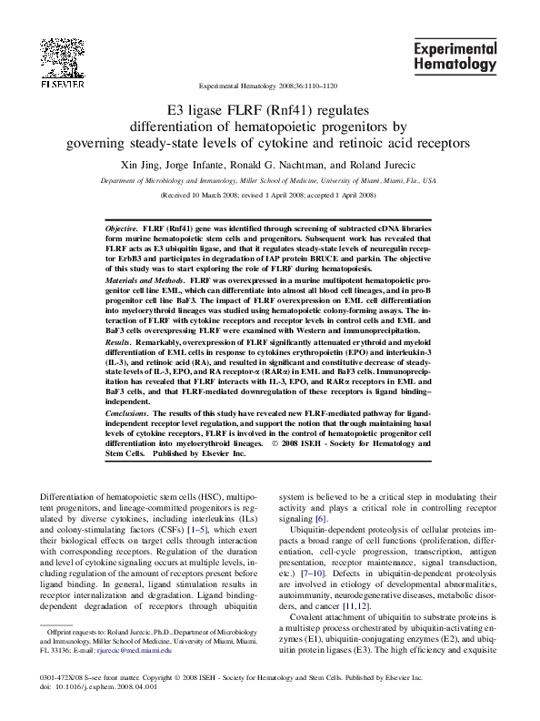(PDF) E3 ligase FLRF (Rnf41) regulates differentiation of hematopoietic ...
