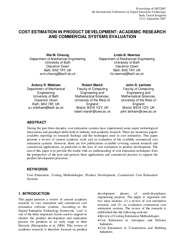 (PDF) COST ESTIMATION IN PRODUCT DEVELOPMENT: ACADEMIC RESEARCH AND ...