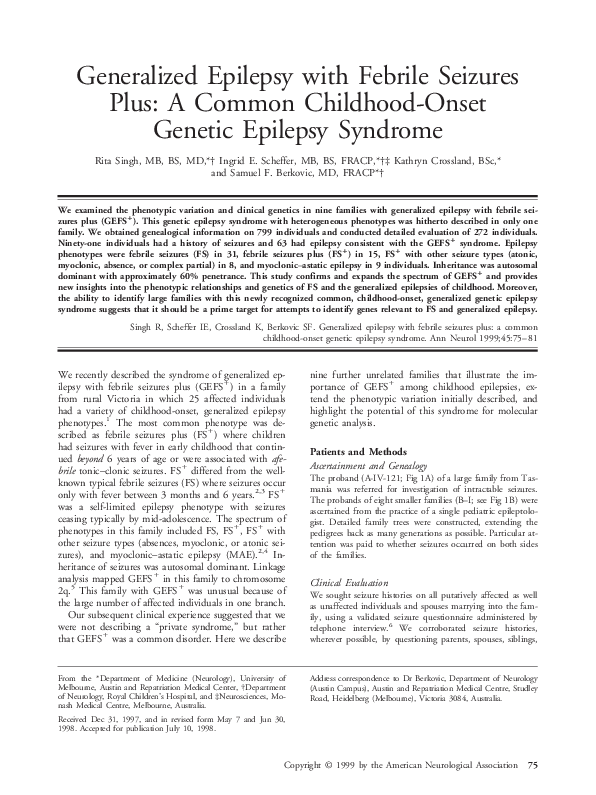 (PDF) Generalized epilepsy with febrile seizures plus: A common childhood-onset genetic epilepsy ...