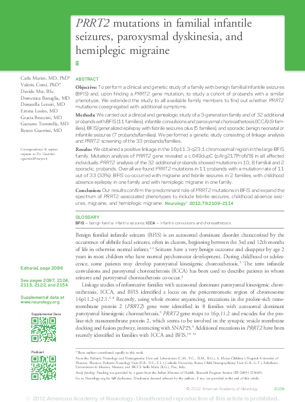 (PDF) PRRT2 mutations in familial infantile seizures, paroxysmal dyskinesia, and hemiplegic migraine
