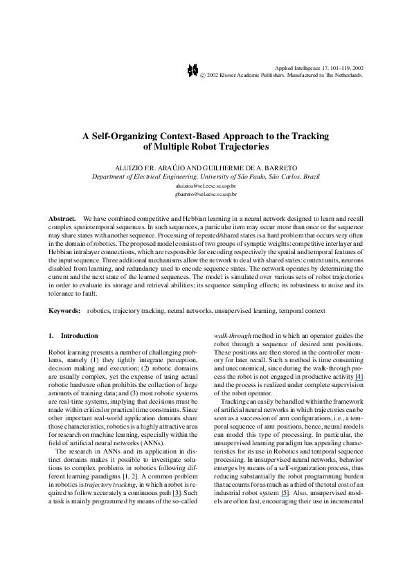 Pdf A Self Organizing Context Based Approach To The Tracking Of Multiple Robot Trajectories