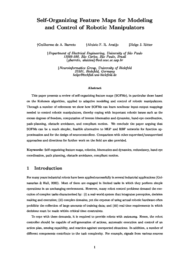 (PDF) Self-Organizing Feature Maps for Modeling and Control of Robotic Manipulators
