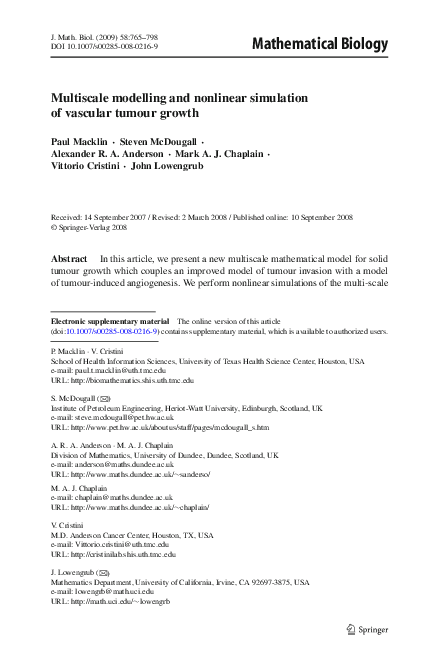 Pdf Multiscale Modelling And Nonlinear Simulation Of Vascular Tumour Growth