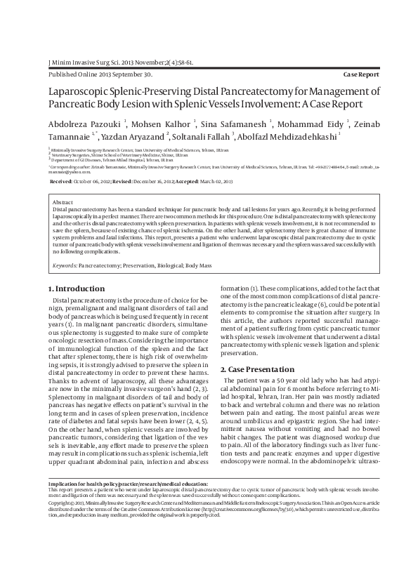 (PDF) Laparoscopic Splenic-Preserving Distal Pancreatectomy for Management of Pancreatic Body ...