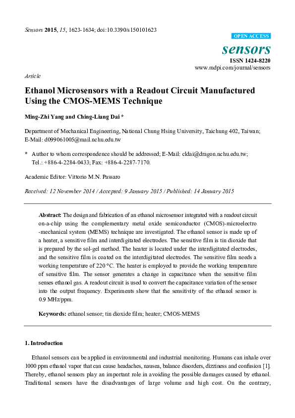Pdf Ethanol Microsensors With A Readout Circuit Manufactured Using The Cmos Mems Technique