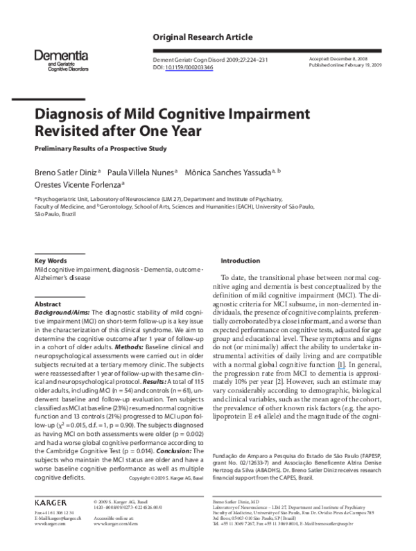 (PDF) Diagnosis of Mild Cognitive Impairment Revisited after One Year ...