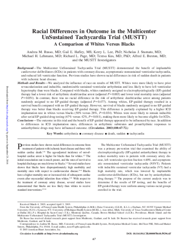 (PDF) Racial Differences in Outcome in the Multicenter UnSustained ...
