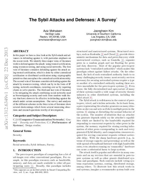 (PDF) The Sybil Attacks and Defenses: A Survey