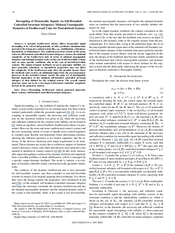 (PDF) Decoupling of Measurable Signals via Self-Bounded Controlled Invariant Subspaces: Minimal ...