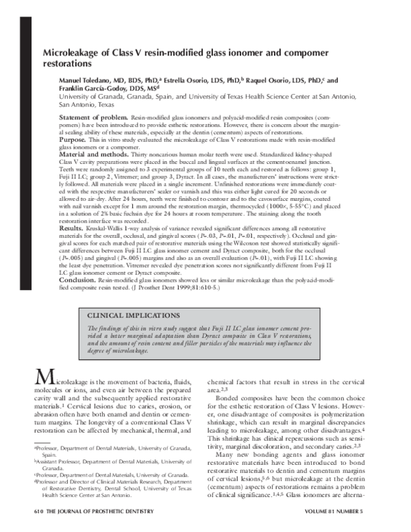 Pdf Microleakage Of Class V Resin Modified Glass Ionomer And Compomer Restorations