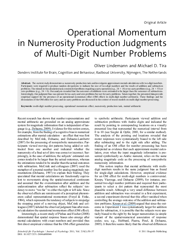 (PDF) Operational Momentum in Numerosity Production Judgments of MultiDigit Number Problems