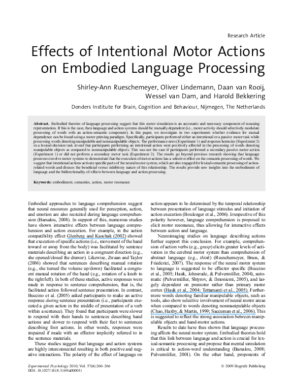 (PDF) Effects of Intentional Motor Actions on Embodied Language Processing