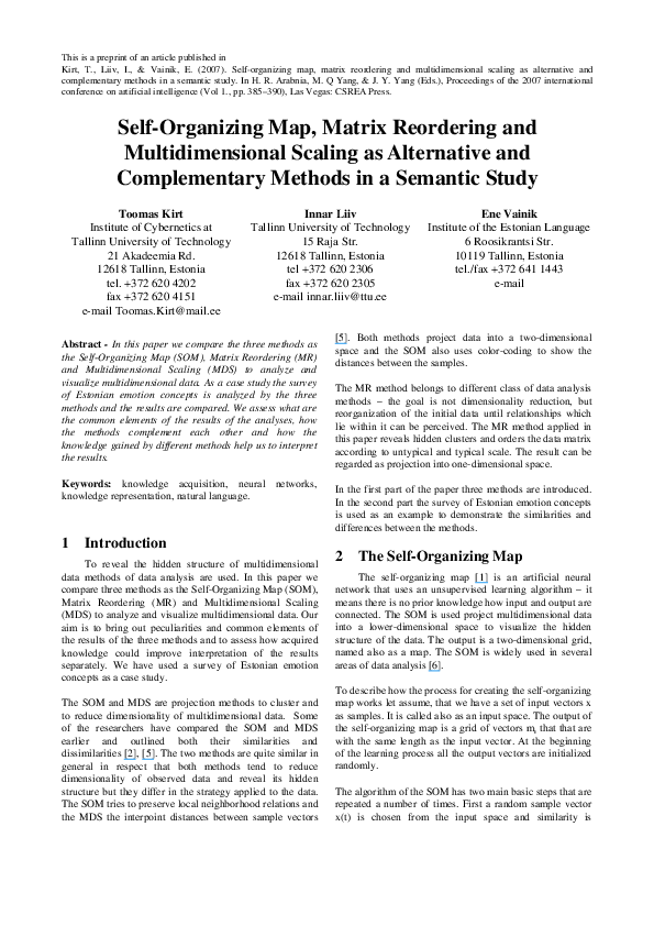 (PDF) Self-Organizing Map, Matrix Reordering and Multidimensional Scaling as Alternative and ...