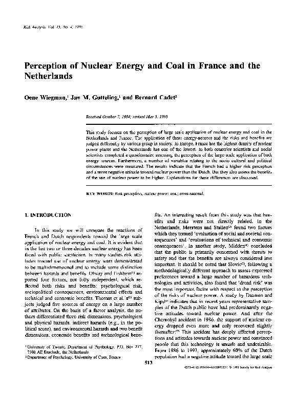 (PDF) Perception of Nuclear Energy and Coal in France and the Netherlands