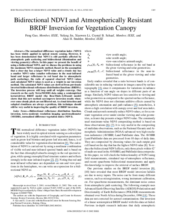 (PDF) Bidirectional NDVI and atmospherically resistant BRDF inversion for vegetation canopy