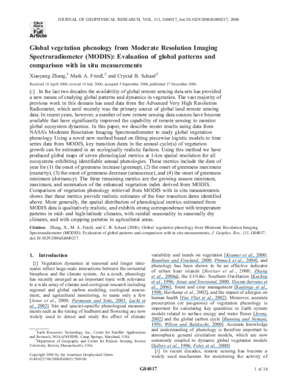Pdf Global Vegetation Phenology From Moderate Resolution Imaging Spectroradiometer Modis