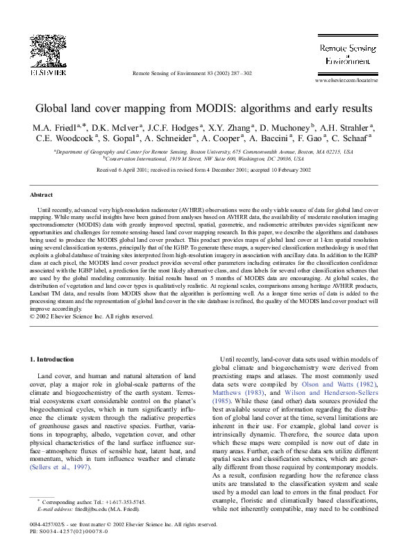 Pdf Global Land Cover Mapping From Modis Algorithms And Early Results