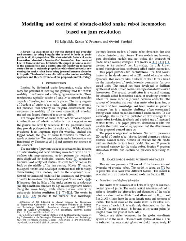 (PDF) Modelling and control of obstacle-aided snake robot locomotion based on jam resolution