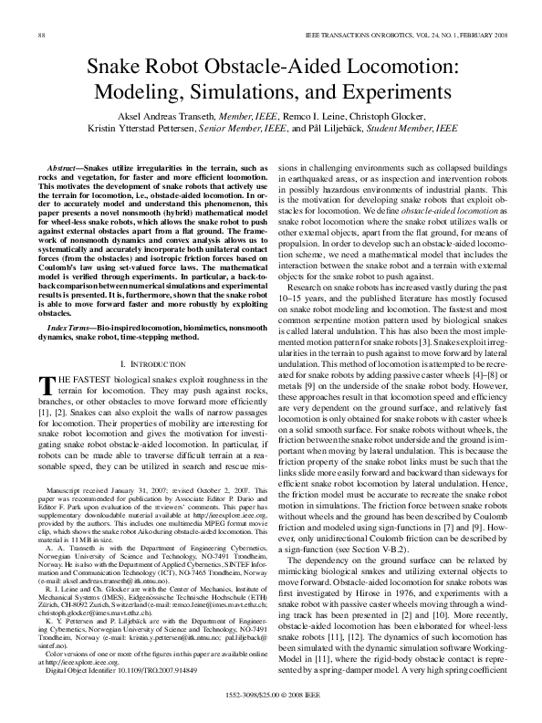 (PDF) Snake Robot Obstacle-Aided Locomotion: Modeling, Simulations, and Experiments