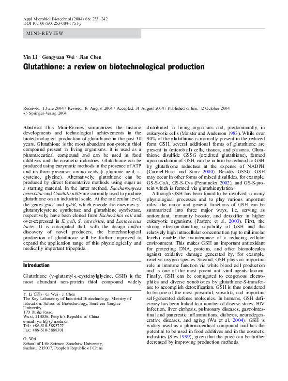 (PDF) Glutathione: a review on biotechnological production | yin li ...
