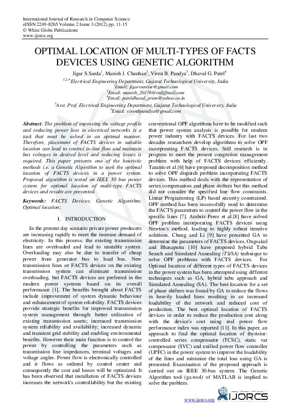 Pdf Optimal Location Of Multi Types Of Facts Devices Using Genetic Algorithm