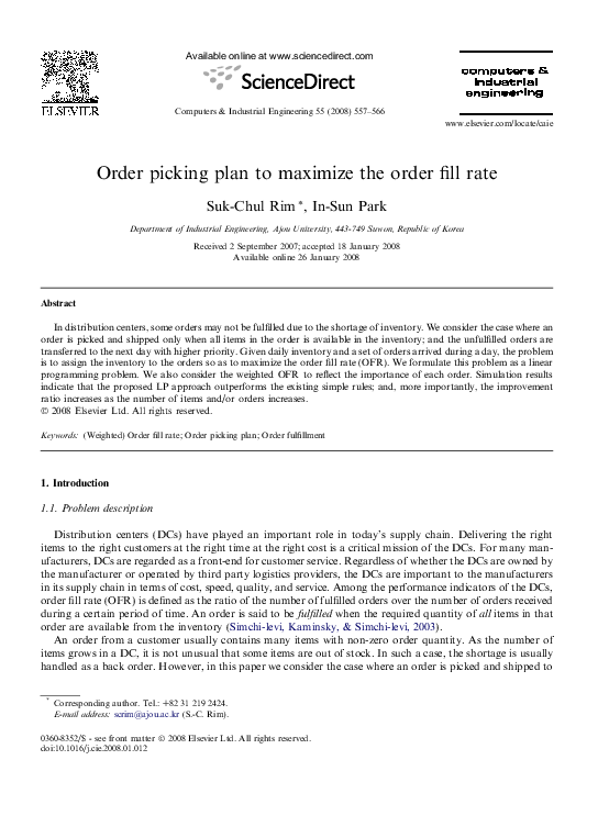 (PDF) Order picking plan to maximize the order fill rate