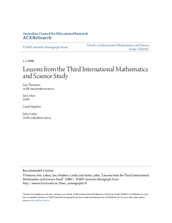 (PDF) Lessons from the Third International Mathematics and Science Study