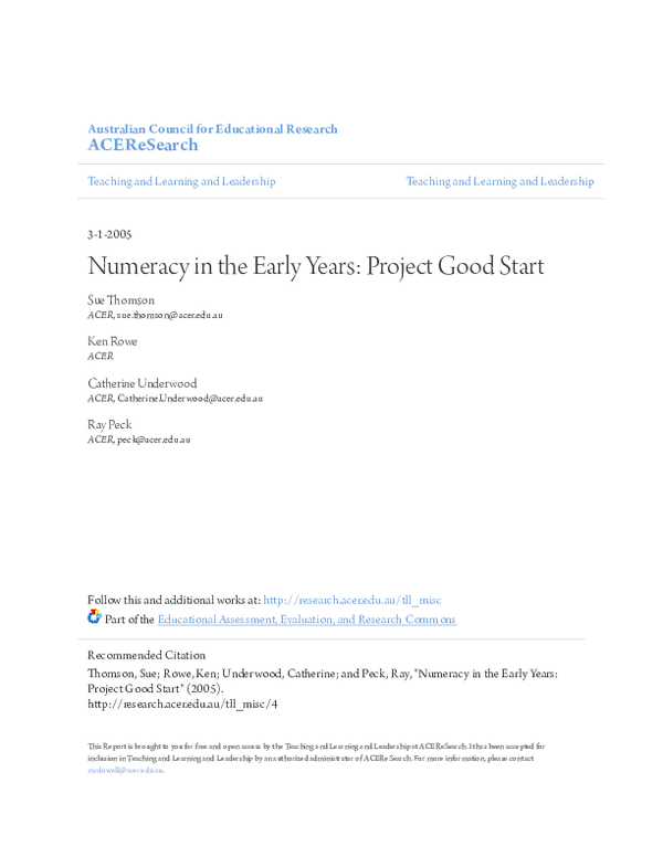 (PDF) Numeracy in the Early Years: Project Good Start | Sue Thomson ...