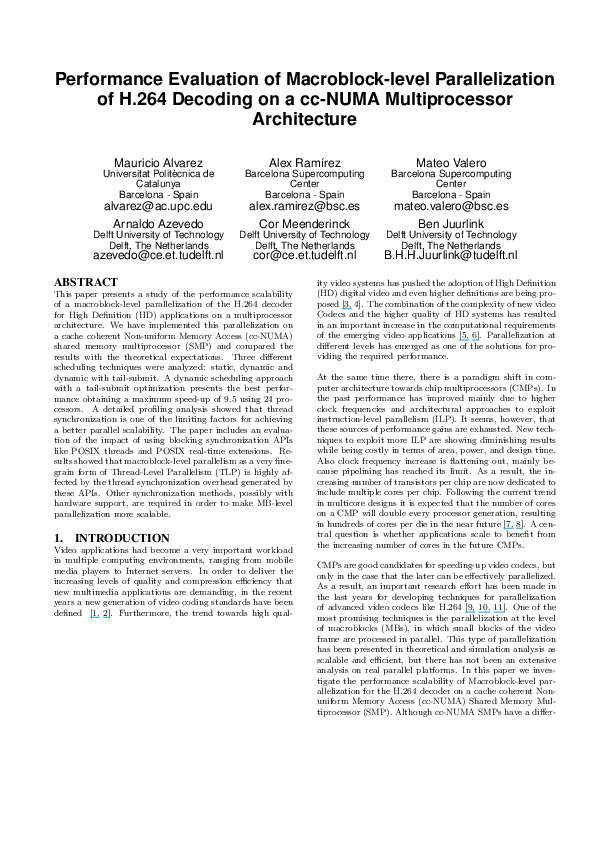 Pdf Performance Evaluation Of Macroblock Level Parallelization Of H 264 Decoding On A Cc Numa